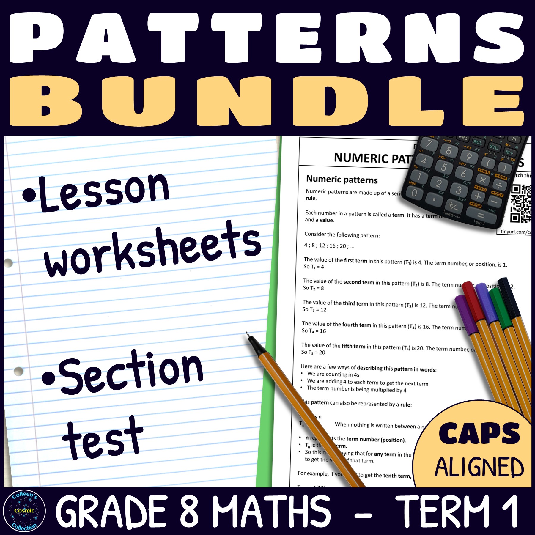 Grade 8 Maths Term 1 Patterns Lessons and Assessments BUNDLE - CAPS ...