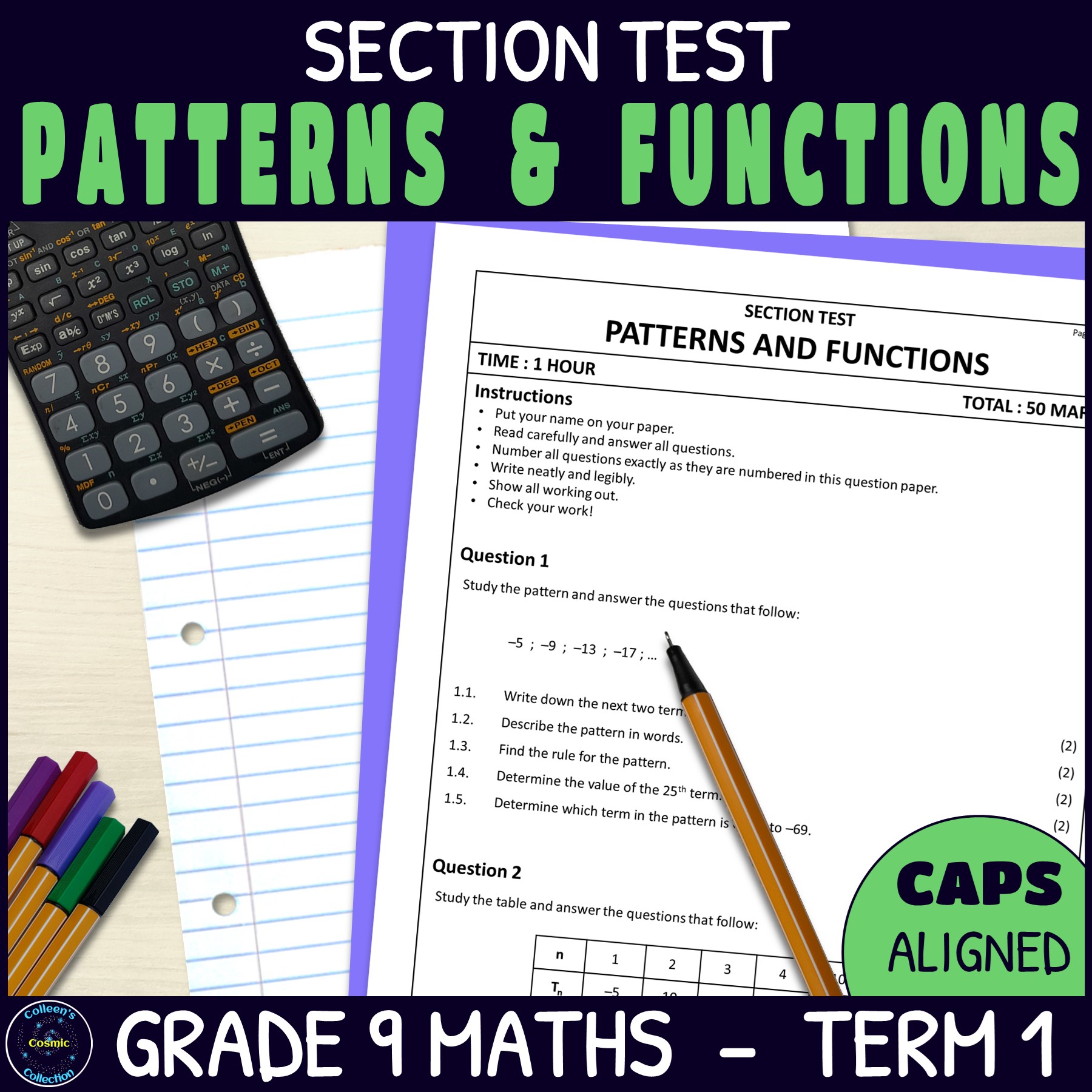 Patterns and Functions Test - Grade 9 Maths Term 1 Section Test 5 CAPS ...