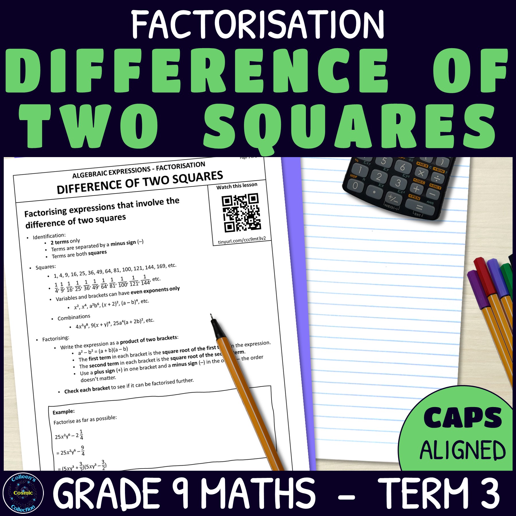 Factorising with Difference of Two Squares | Grade 9 Maths Worksheet ...